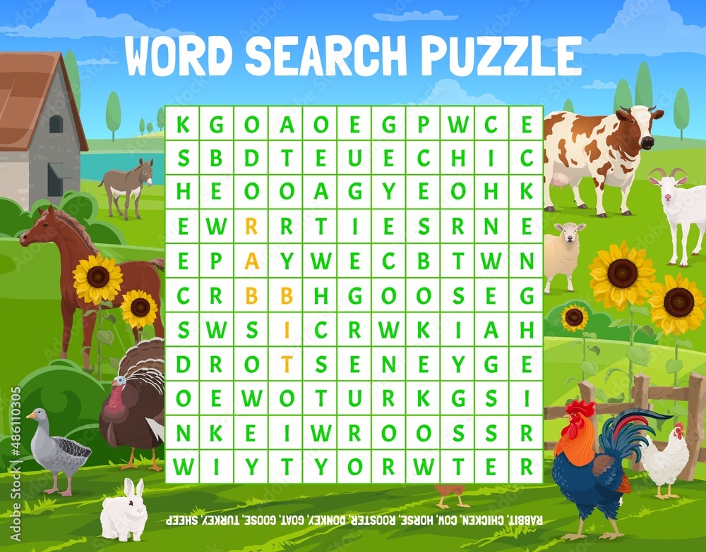 Agriculture farming word puzzle game worksheet, cartoon vector farm ...