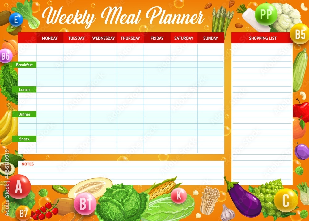 Vegetables, natural vitamins and minerals, weekly meal planner vector ...