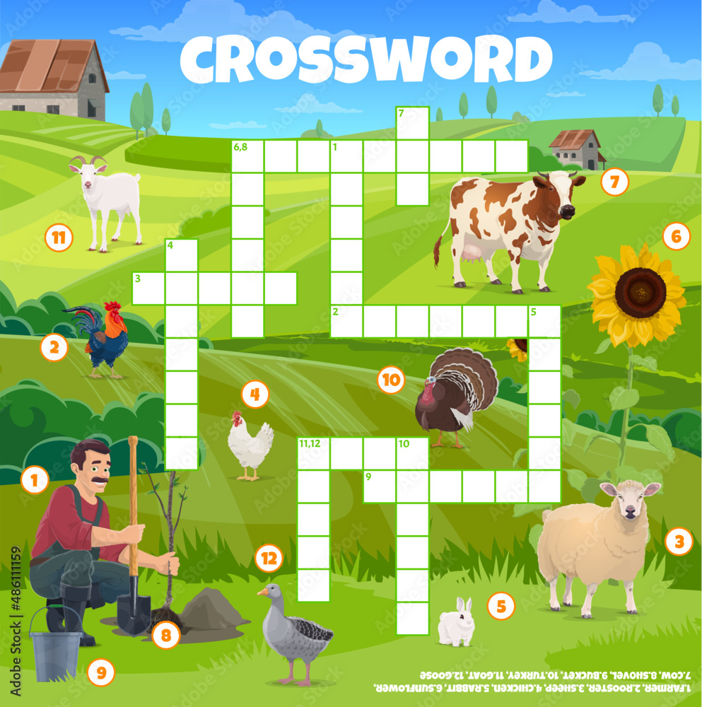 Agriculture farming crossword puzzle game vector worksheet, cartoon ...