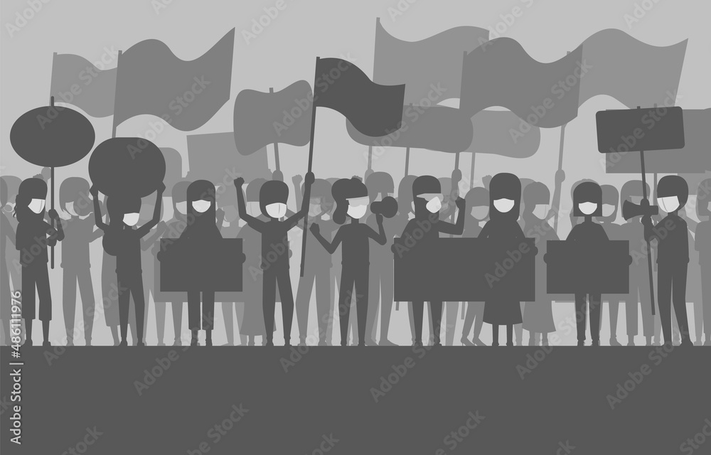 Silhouette people with protesting. Protesters hands holding loudspeaker ...