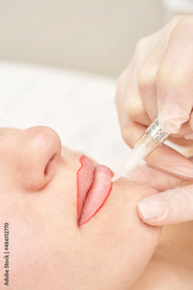 Permanent makeup. Beauty spa procedure. young woman. Face tattoo. Lip ...