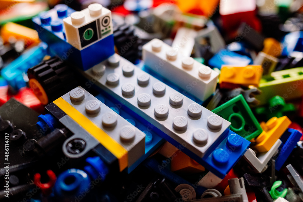 Valencia, spain - february 9, 2022: messy Lego pieces on the floor ...