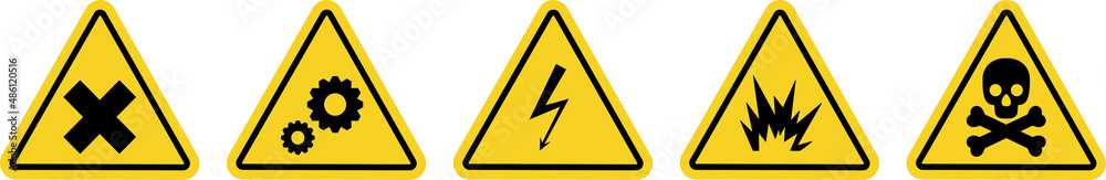 Yellow triangle safety signs set for print. Allergic (irritant ...