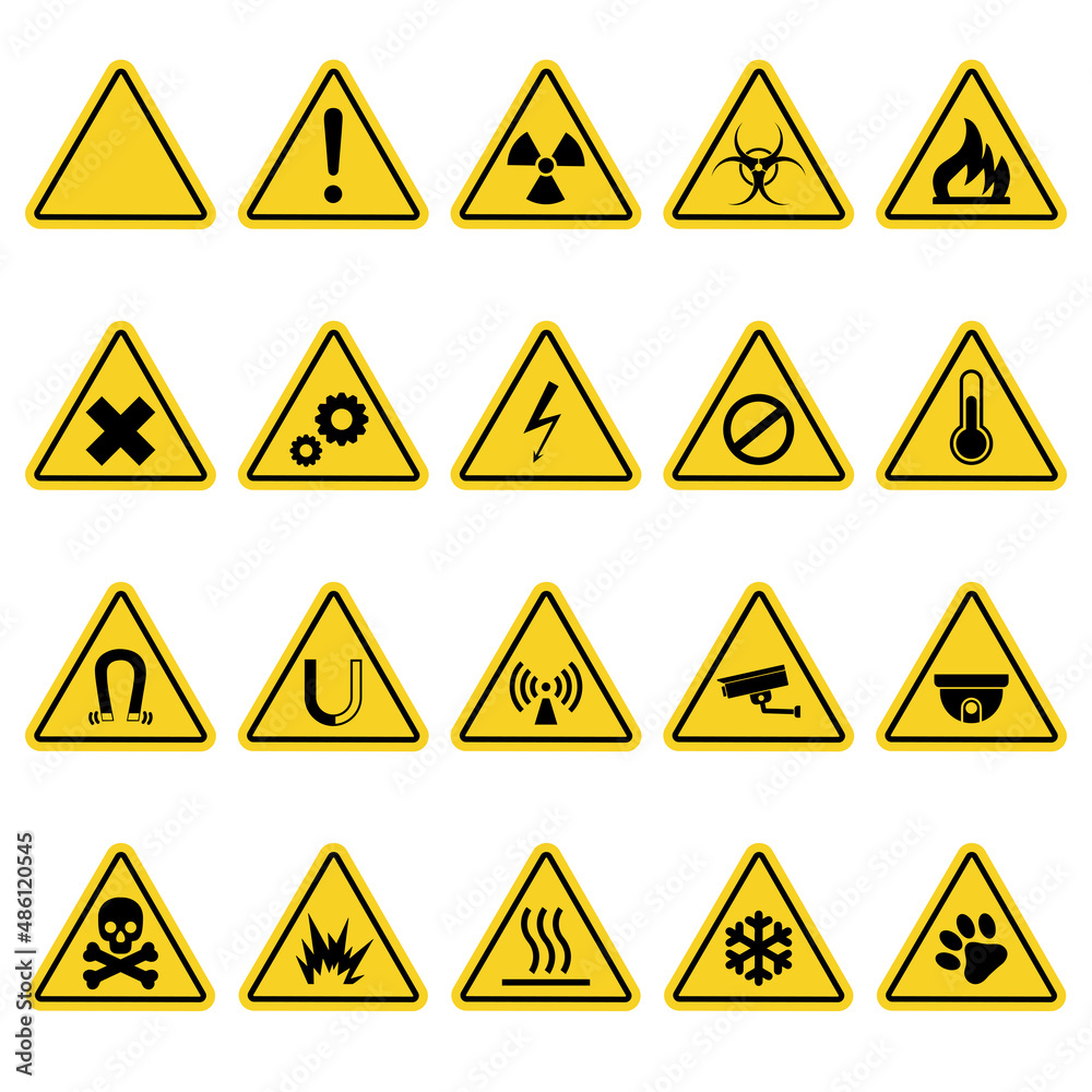 Yellow triangle safety signs set for print. Vector warning symbols ...