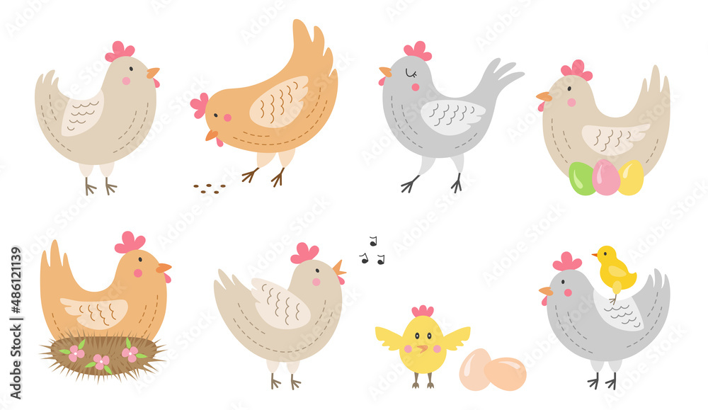 Chicken set in flat style. Different cute cartoon hens, chicken and ...