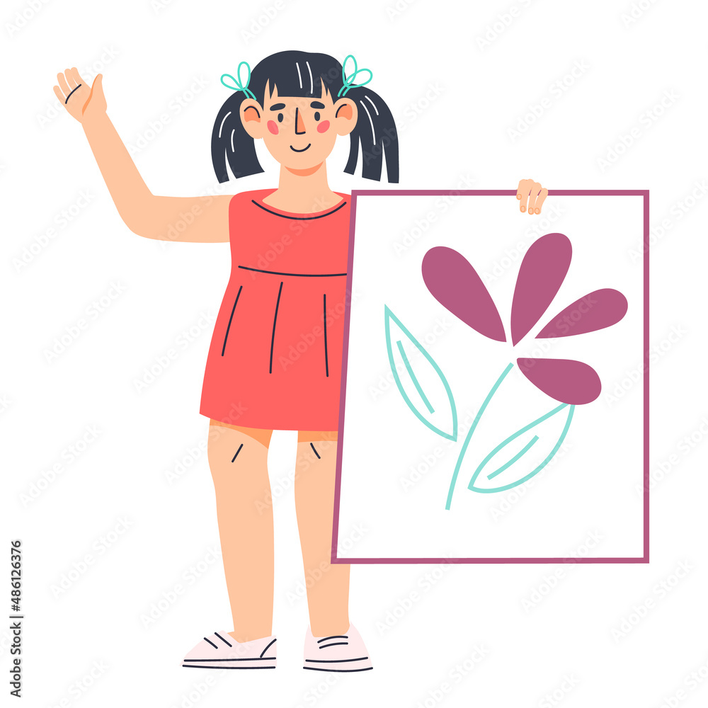Kid girl little painter with drawing picture, flat cartoon vector ...