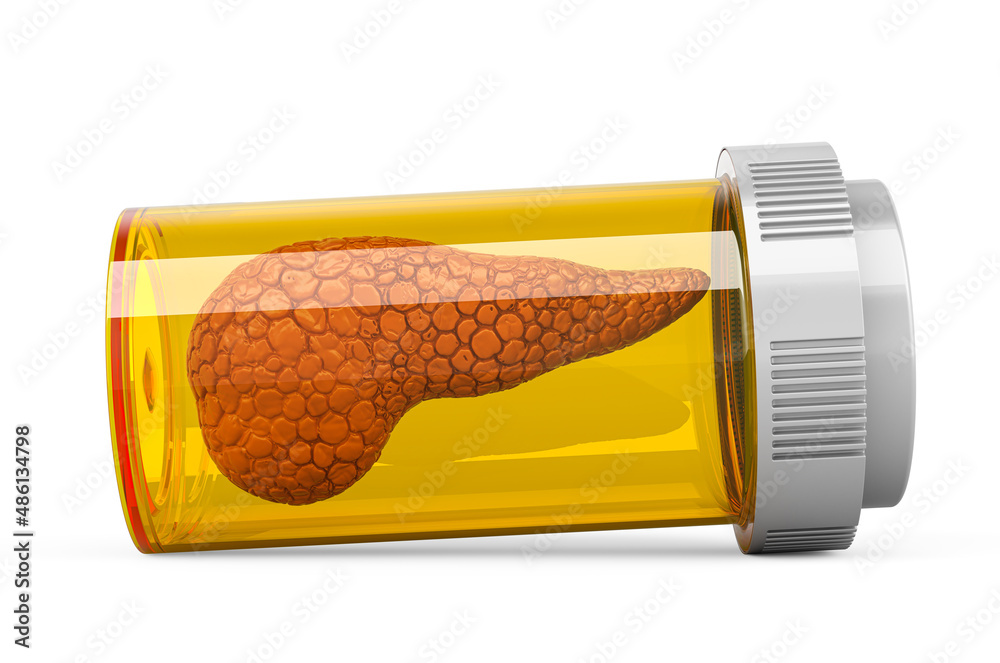 Pancreas inside medical bottle from pills. Medicines for pancreas ...
