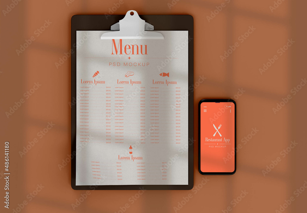 Top View of Menu with Smartphone Mockup Stock Template | Adobe Stock