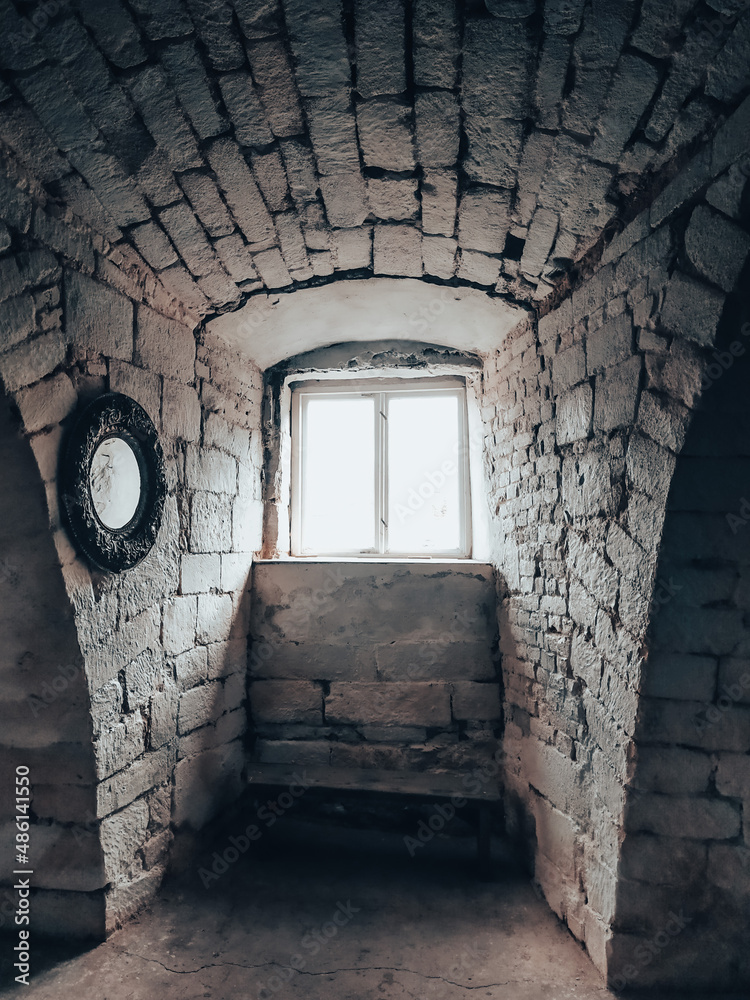 Brick vaults. Old building. Medieval fortress. Basement with low ...