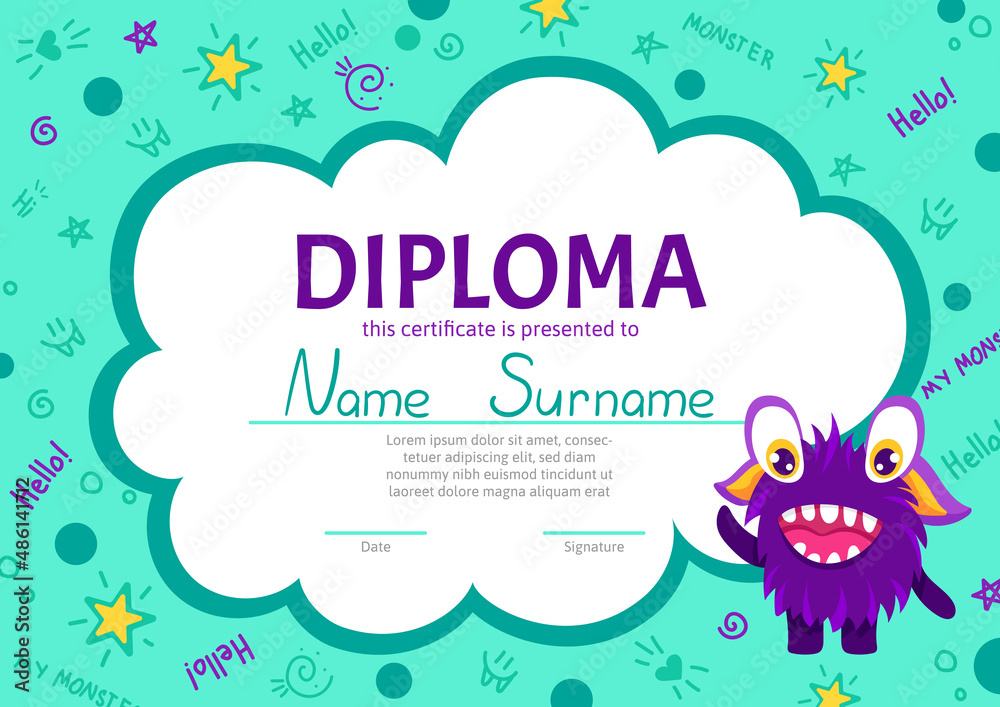 Colorful school and preschool diploma certificate for kids and children ...