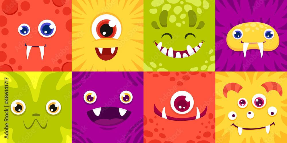 Cartoon Square monster faces big set. Funny cute and colorful creatures ...