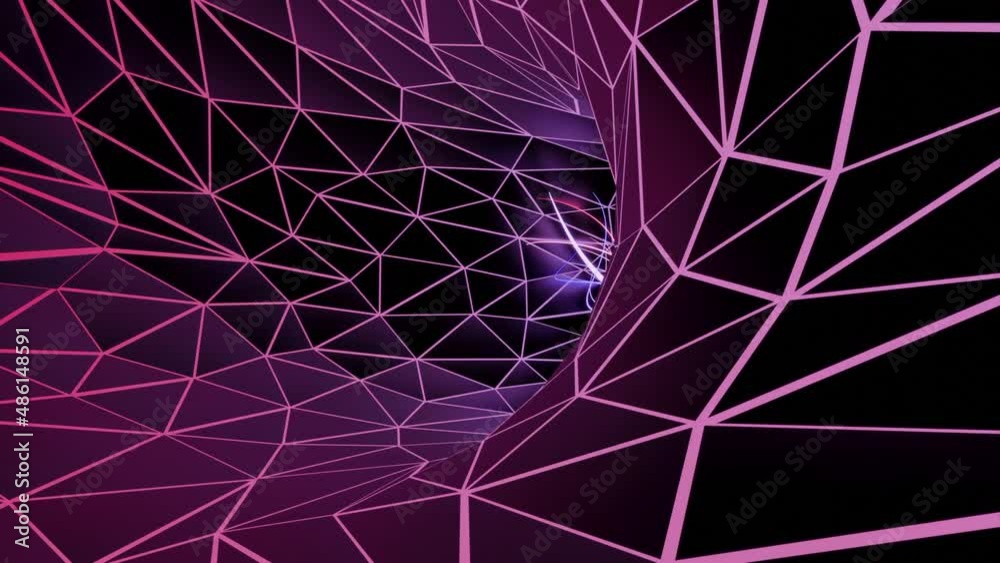 Neon multi coloured edged polygons moving and turning on a black ...