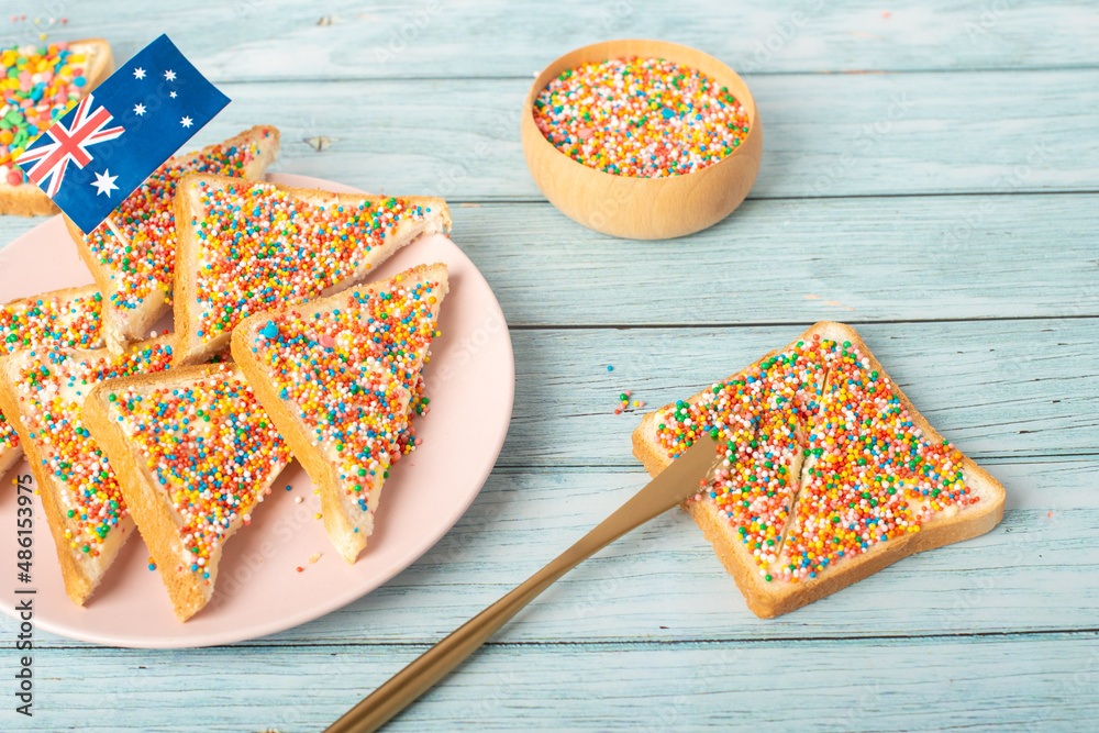 Iconic traditional Australian party food, Fairy Bread, on a red, white ...