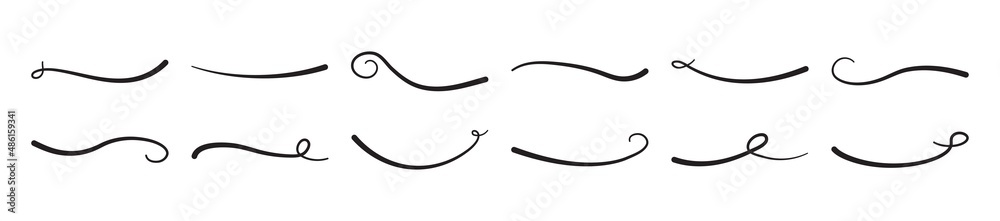 Swoosh and swash, swish vector line icon, black underline set, hand ...