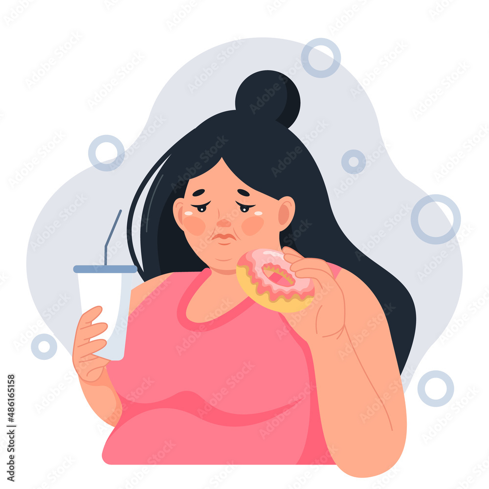Sad fat girl eating a donut. A female character with overweight and an ...