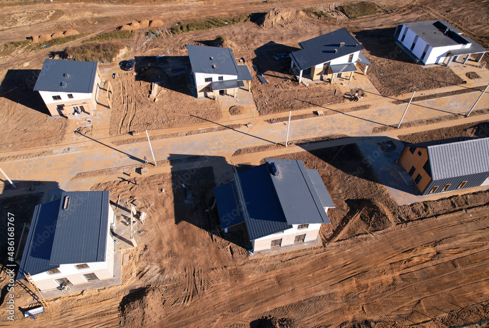 Suburb house construction, aerial viev. Home construction of ceramsite ...