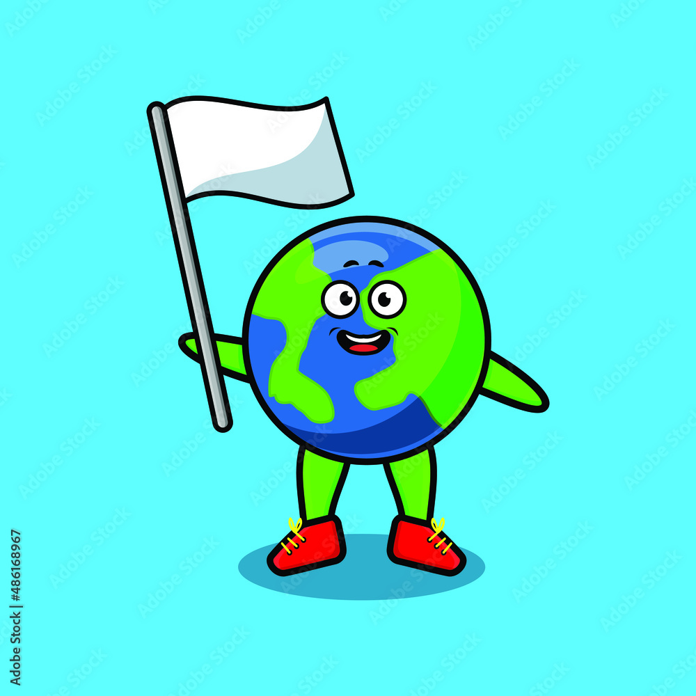 Cute cartoon Earth mascot character with white flag in modern design ...