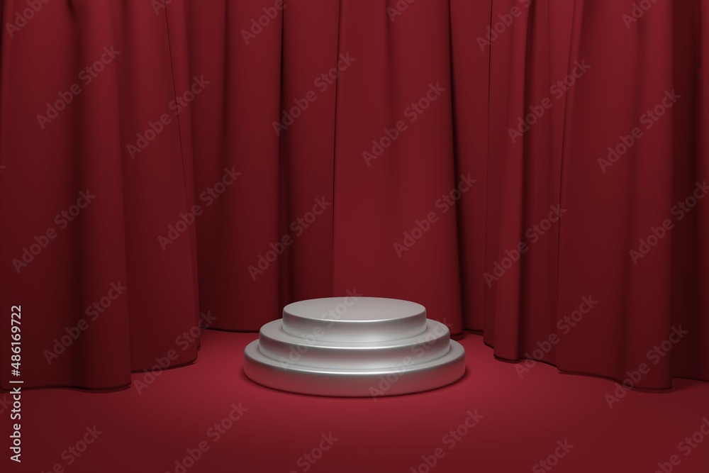 3d platform with red curtains with spotlight in the center ...