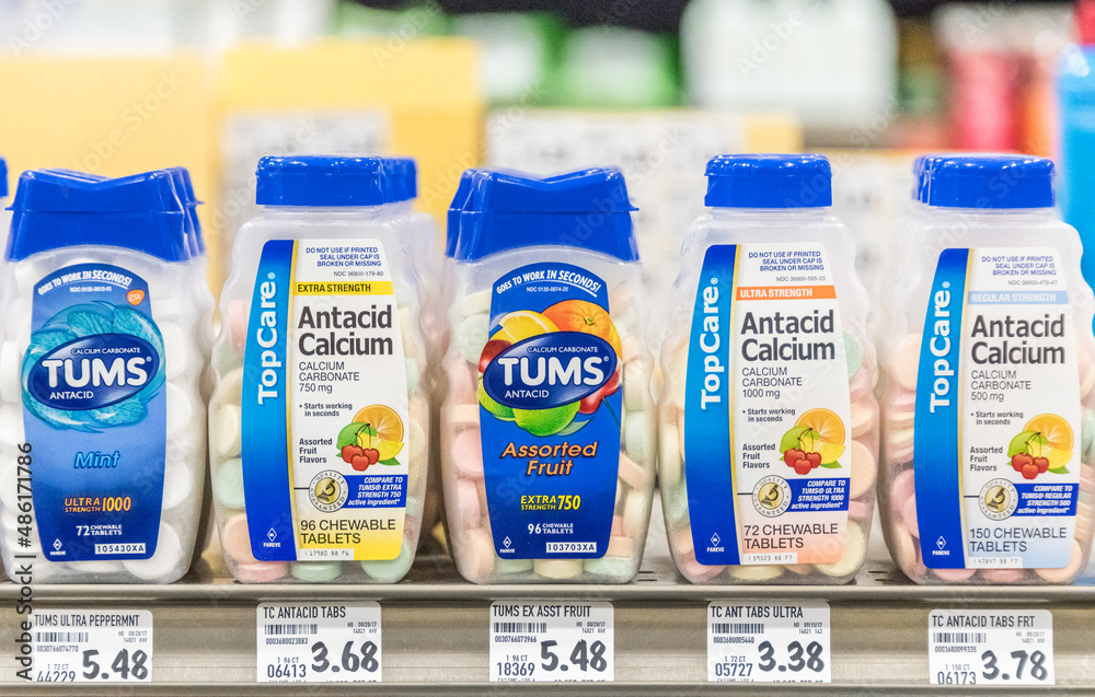Los Angeles, CA/USA 6-17-2021 Assorted antacid plastic containers for ...