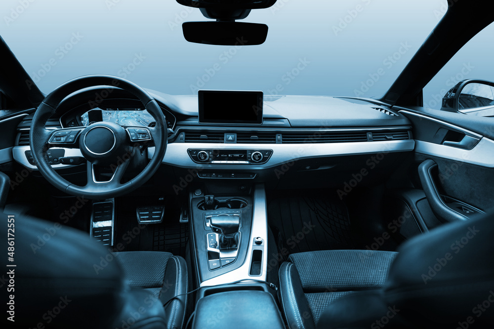 steering wheel close-up premium car. Leather interior of a business ...