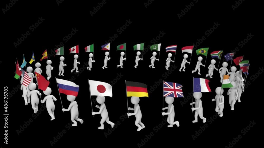 Stickmans with flags of different countries run around the circle ...