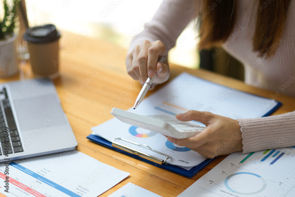 Cropped image, a female accountant calculating income-expenditure Stock ...