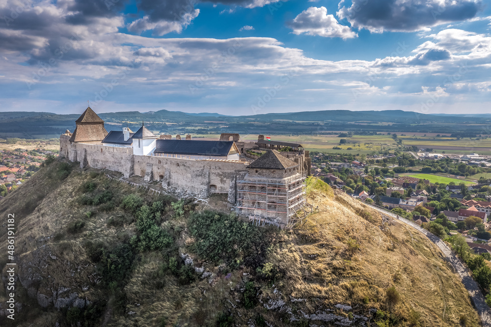 Aerial view of Sumeg castle with newly restored Gothic palace building ...