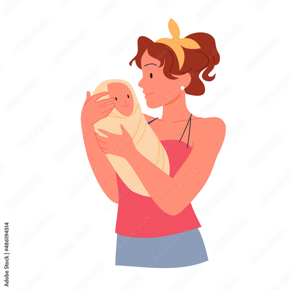Young mother holding her cute newborn swaddled baby. Motherhood ...
