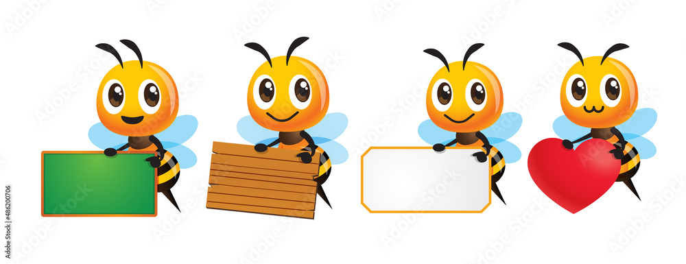 Collection set of cartoon cute honey bee holding different empty ...