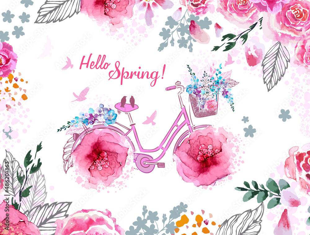 Hand drawing print design. Bicycle with flowers wheels. Hello Spring ...