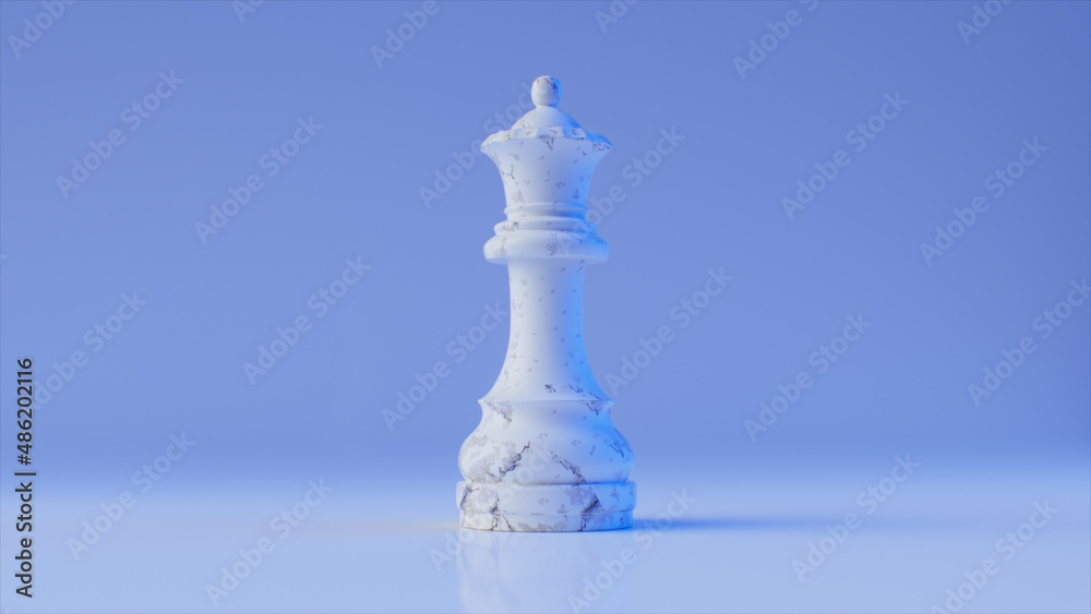 Game concept. White marble chess queen on a blue background. 3d ...