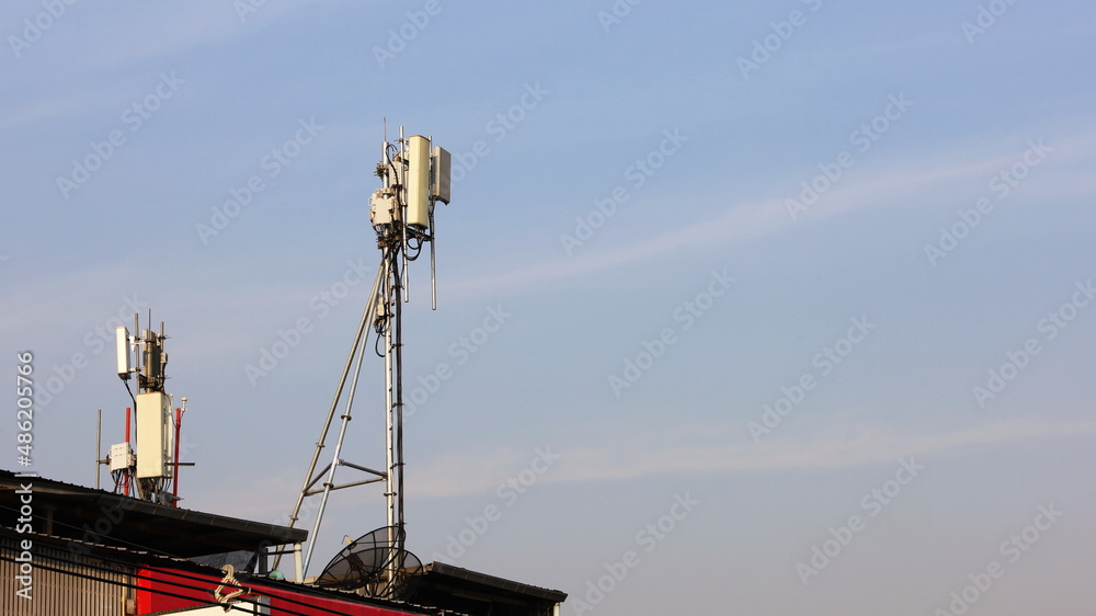 Microwave transmitter antennas on rooftop. Wireless communication ...