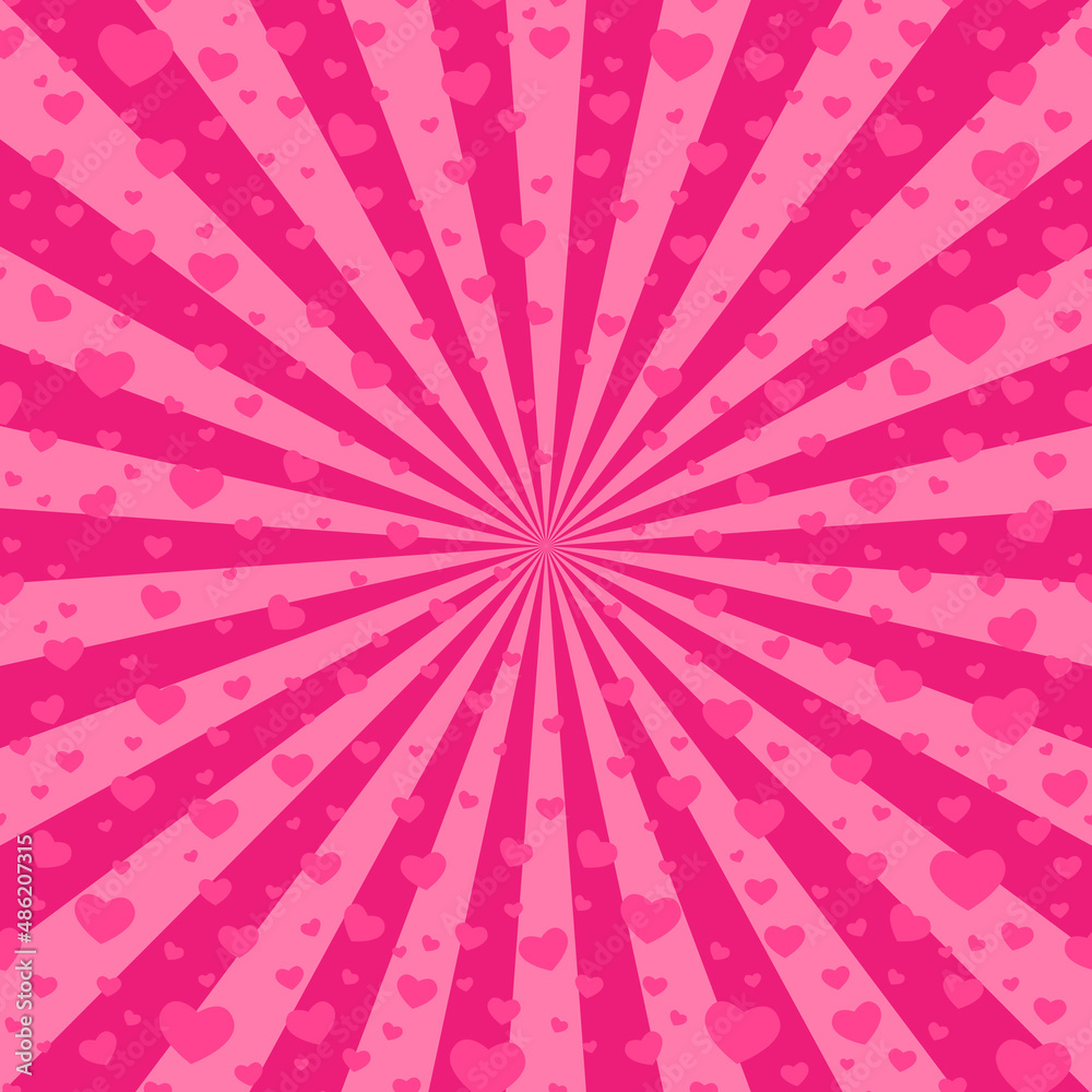 Sunlight glow background with hearts. Pink color burst. Sun beam ray ...