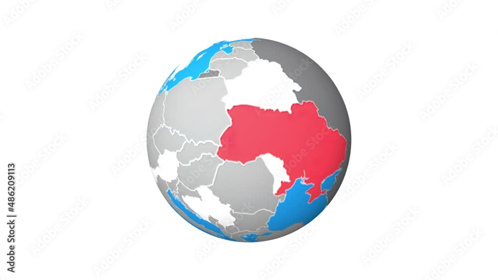 Rotating Europe and Asia map with red Ukraine on white background. 4K ...