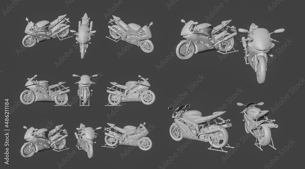 3d set of Motorbike rendered from different angles for vfx, animation ...