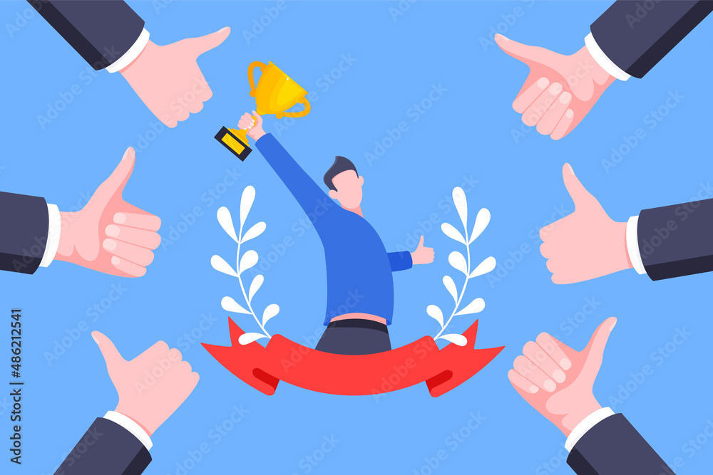 Best worker employee winner with trophy cup inside award ribbon and ...