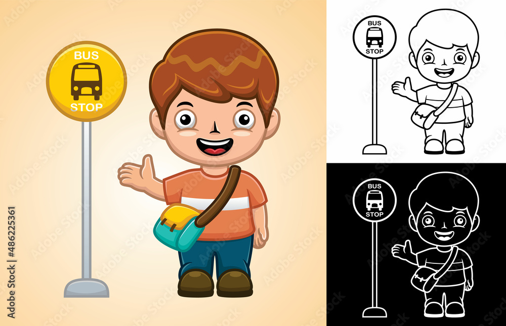 Cartoon little boy standing beside bus stop sign Stock Vector | Adobe Stock