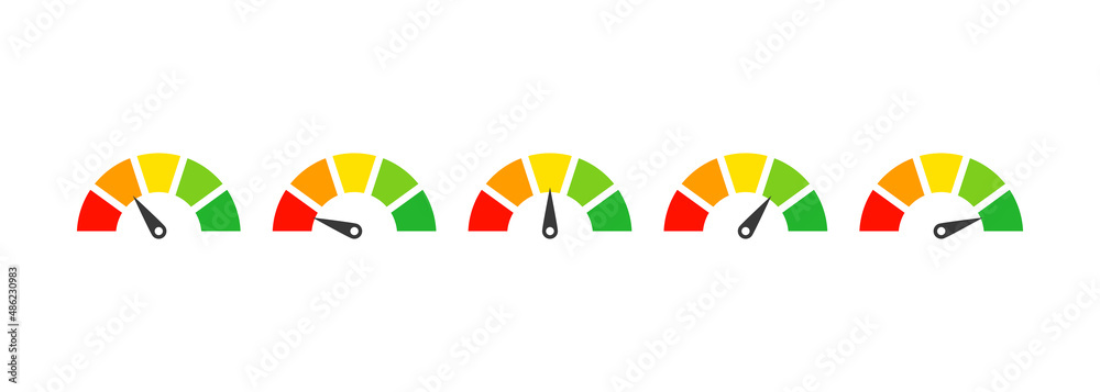 Speedometer icon set. Speed meter. Fast and slow. Temperature scale ...