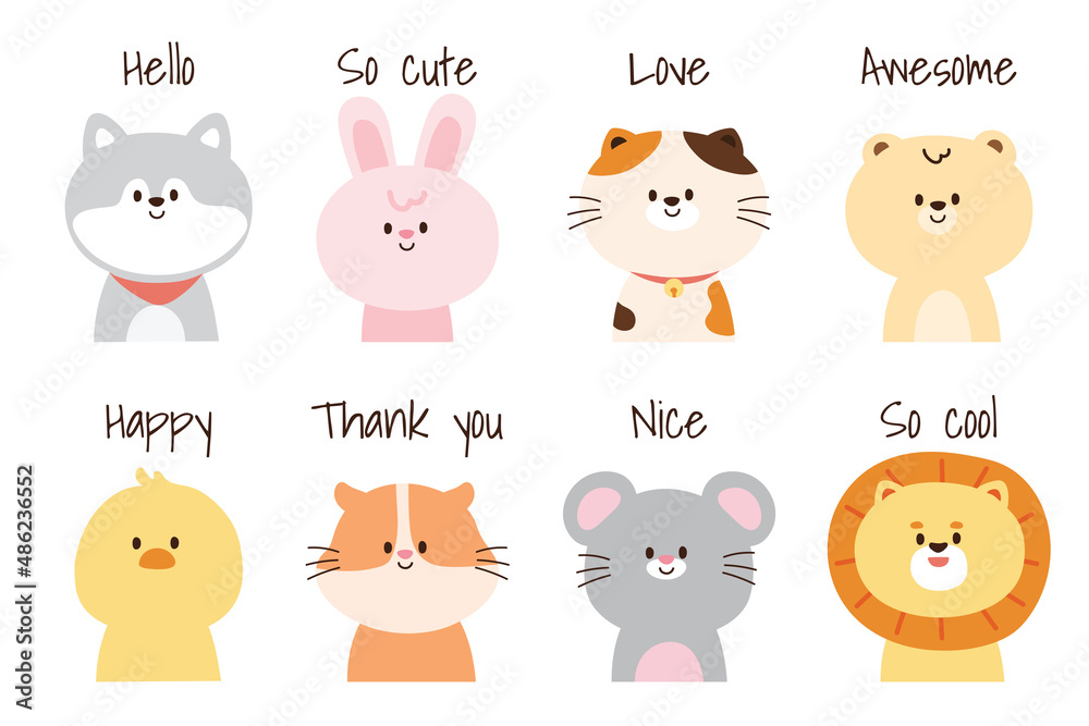 Set of cute animals with text on white background.Lion,mouse,hamster ...