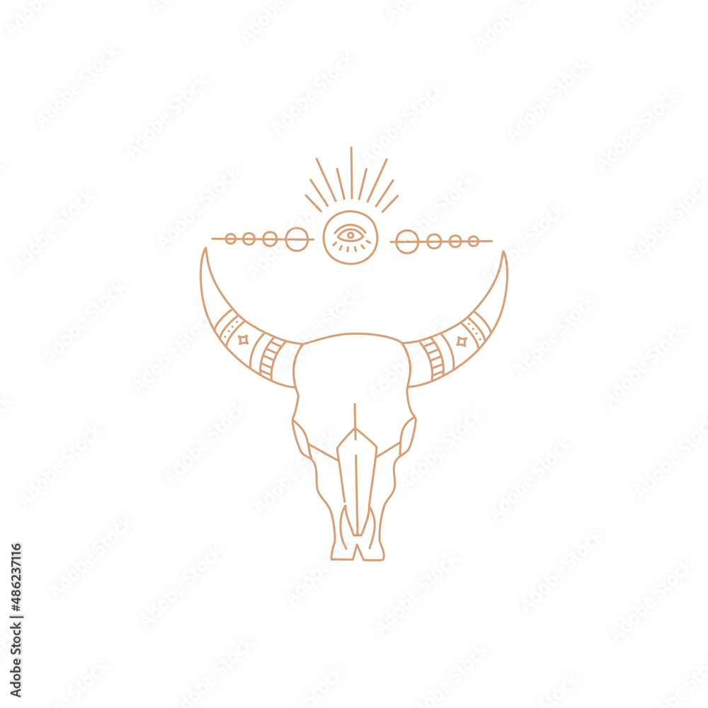 Magic bull skull, geometric shape gold simple contour line, boho style ...