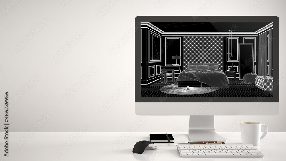Architect house project concept, desktop computer on white background ...