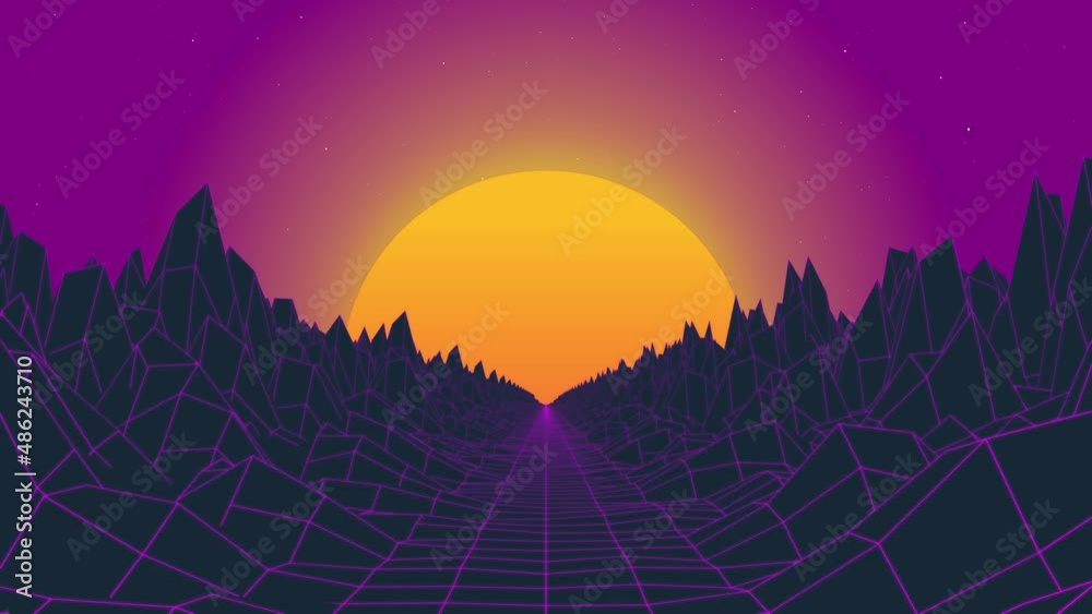 Retro wave videogame animation background. Retrowave loop, orange sun ...