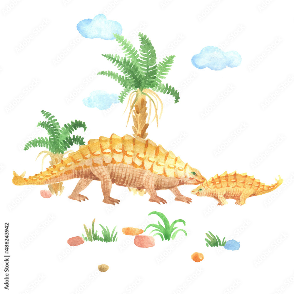 scolosaurus dinosaur with baby in prehistoric jungle Stock Illustration ...
