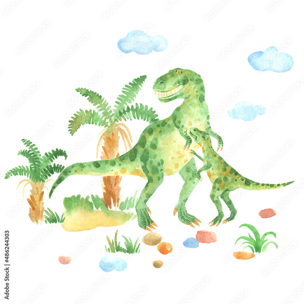 dinosaur tyrannosaurus rex with baby in prehistoric jungle Stock ...