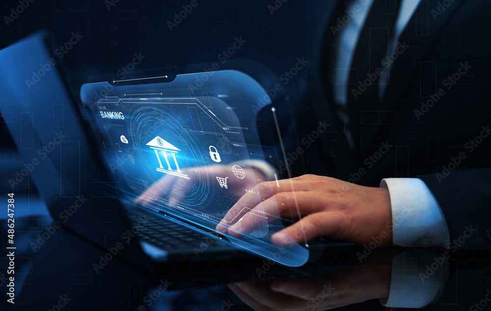 Finance and banking networking. Virtual screen with icon online banking ...