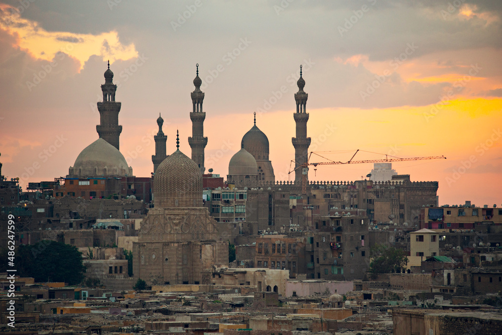 Old Cairo skyline at sunset, view of old and Coptic Cairo from the ...