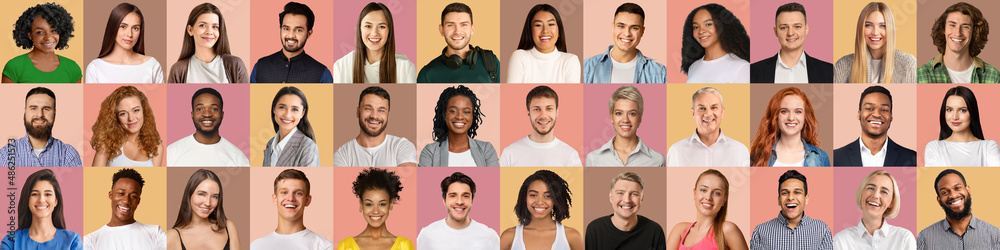 Set of happy multiracial people on colorful backgrounds Stock Photo ...
