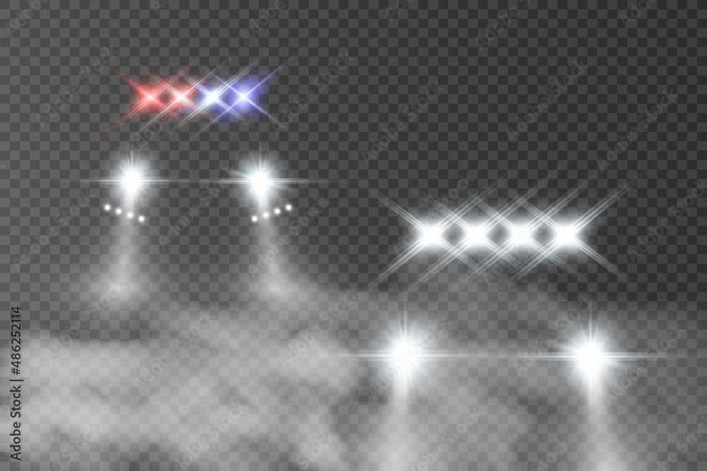 Realistic white glow round beams of car headlights, isolated on ...