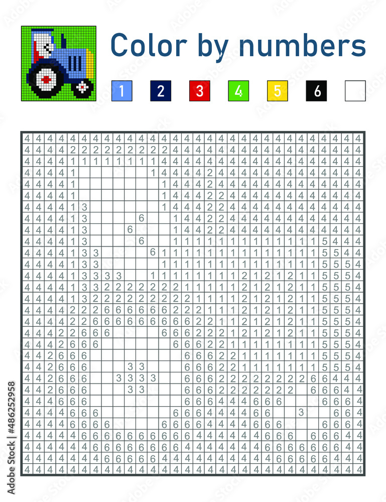 Color by number, education game for children. Blue tractor. Learn ...