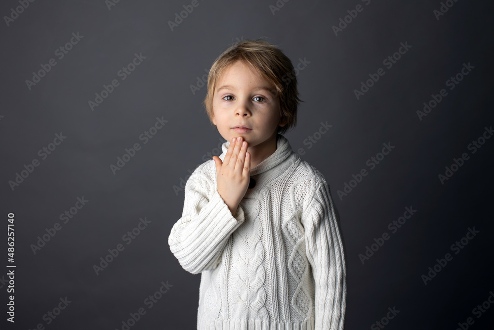 Cute little toddler boy, showing THANK YOU gesture in sign language on ...
